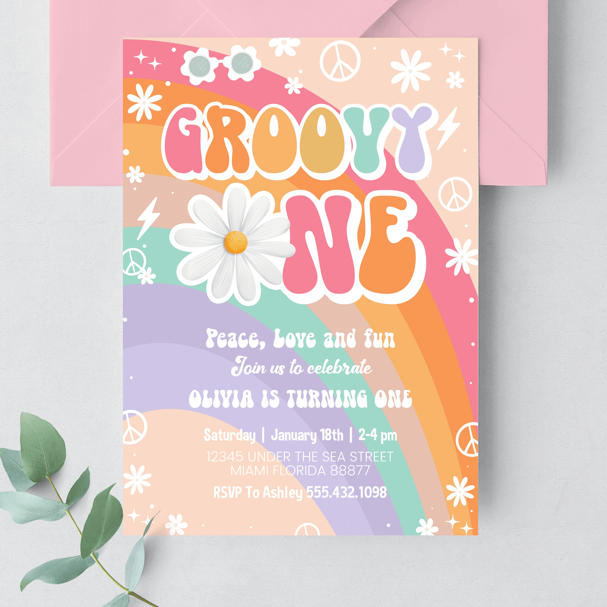 Editable Groovy ONE birthday invitation G102 – Crish Studio